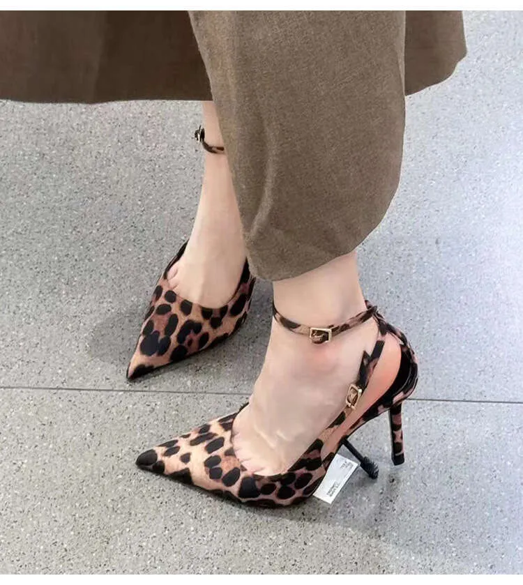 Pointed Toe Leopard Print Buckle Strap High Heels for Women with Chains ...