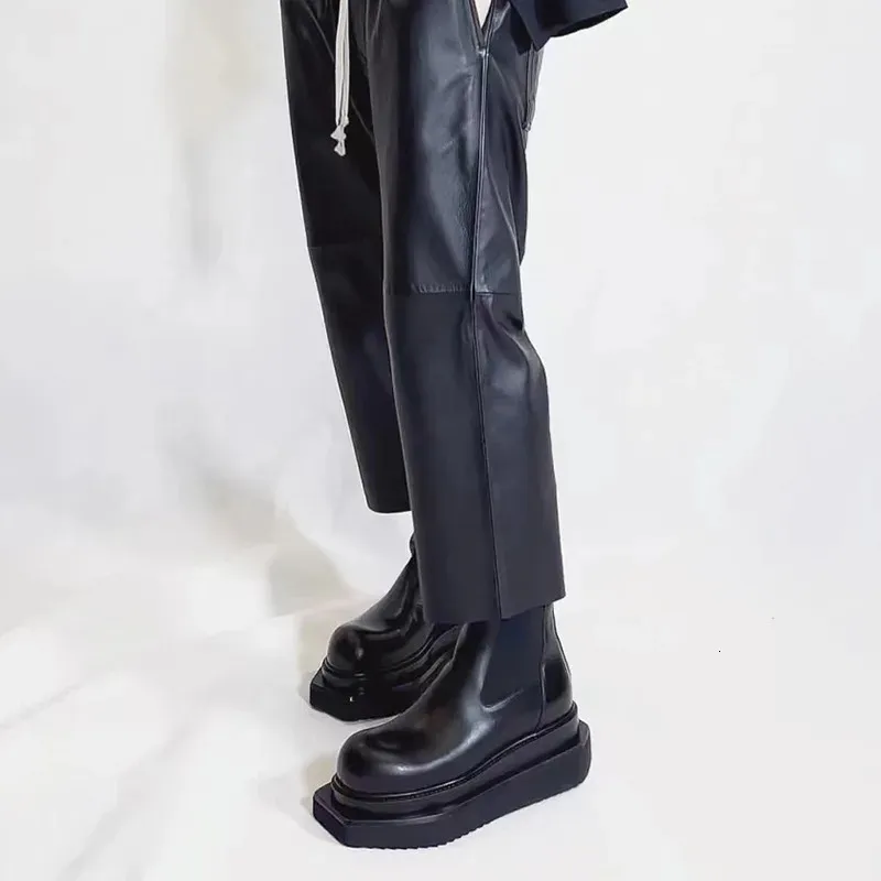 Large Size Punk Motorcycle Boots Men Square Toe PU Wedge Heel Ankle ...