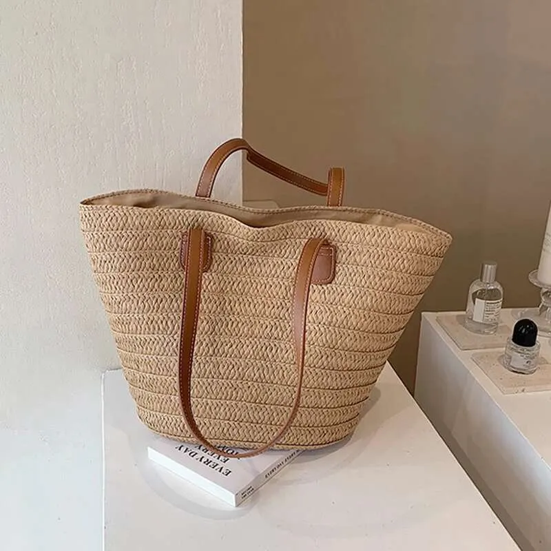 Women s Large Capacity Straw Woven Shoulder Handbag with Zipper Closure ...