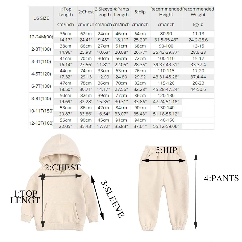 Kids Fleece Tracksuit Set Long Sleeve Hoodie Sweatshirt Solid Warm ...