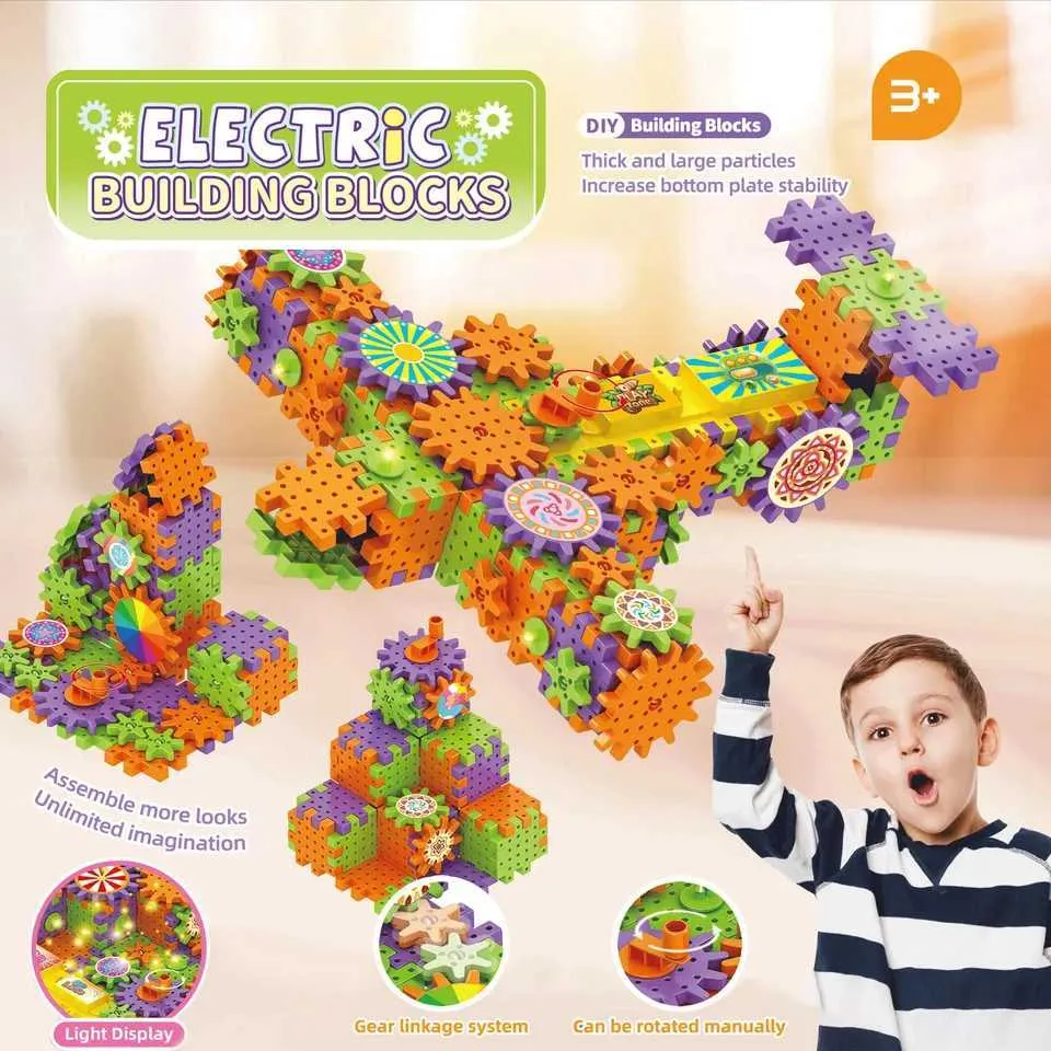 Childrens electric gear building block toy set DIY car tank airplane ...