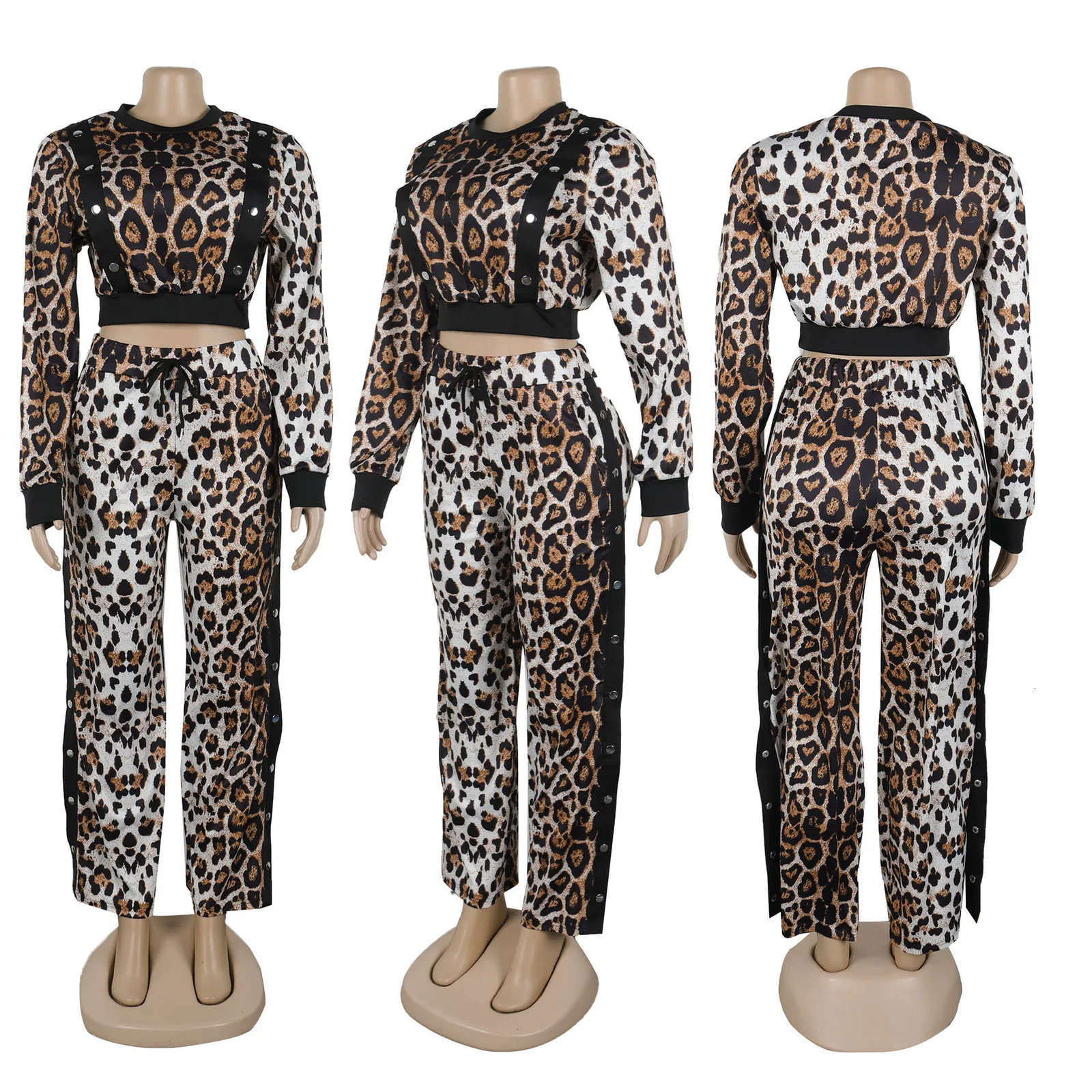 Leopard Print Womens Two-Piece Acetate Sports Set with Long Sleeve Top ...
