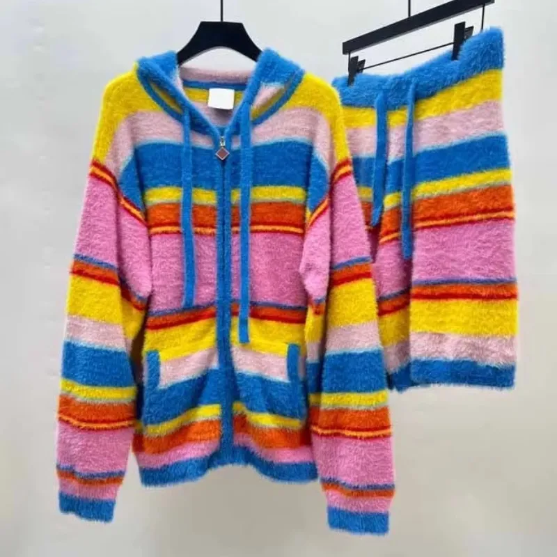 Fleece Colorful Striped Cotton Blend Zip-up Hoodie Set with Hood for ...
