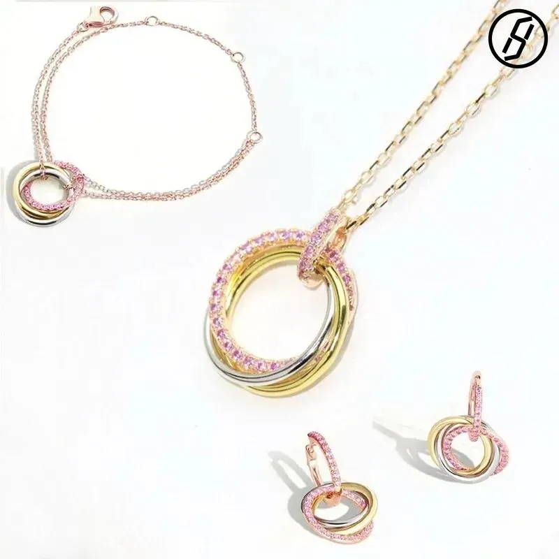 Elegant Women's Jewelry Set: Brass Engraved Necklace, Bracelet & Earrings With Pink Diamond ...