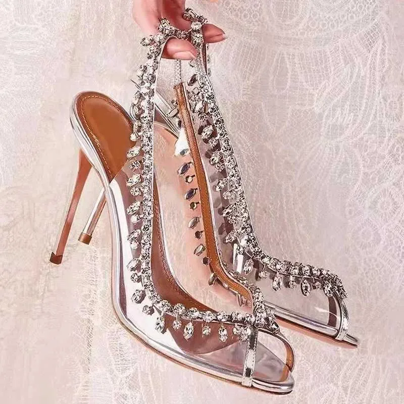 Transparent PVC Rhinestone High Heels for Women with Wood Outsole and ...