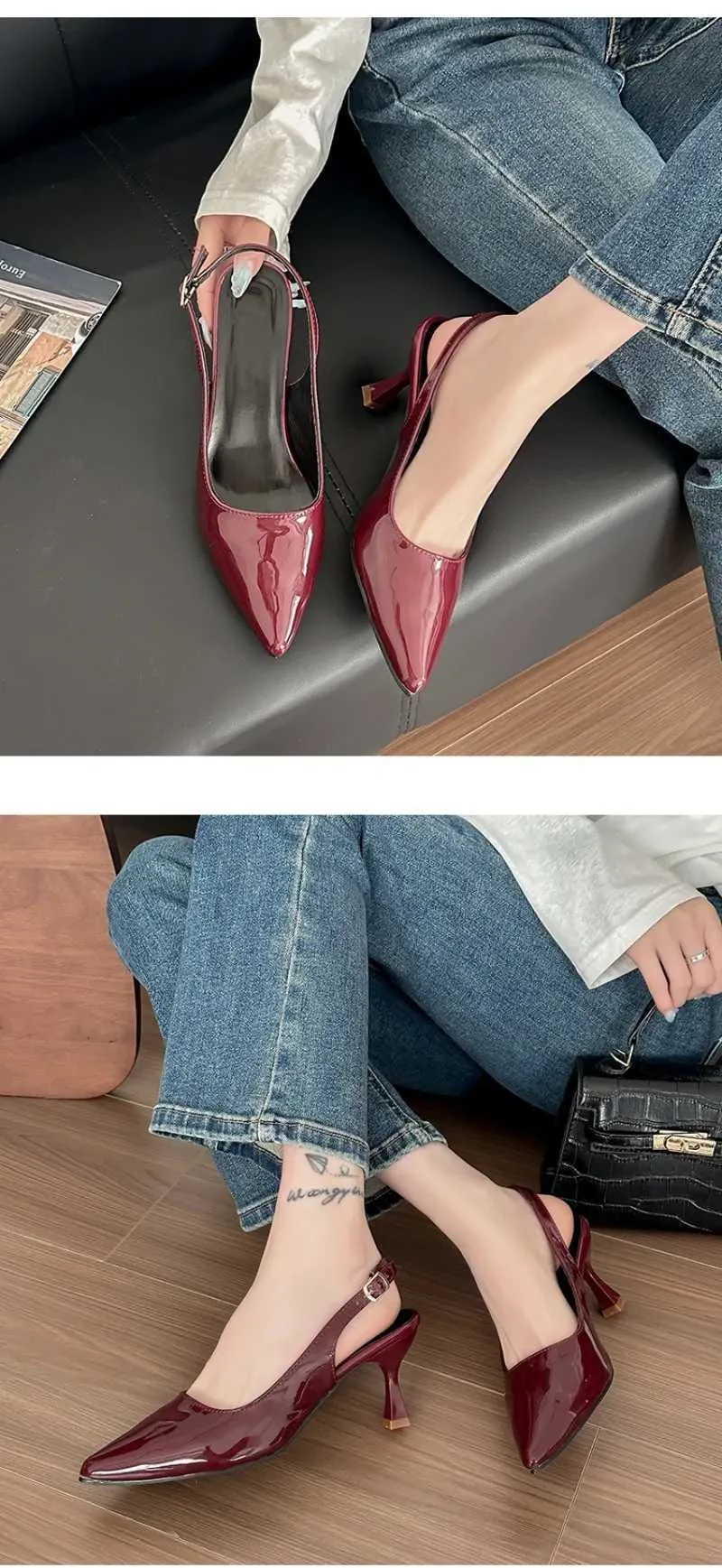 Womens Patent Leather High Heels Pointed Toe Spool Heel Black Elastic ...