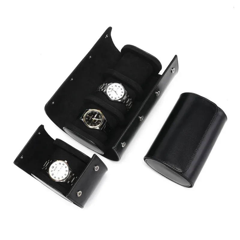 Leather Watch Storage Box 3 Watches Roll Travel Bag 2 Slots Black Brown ...