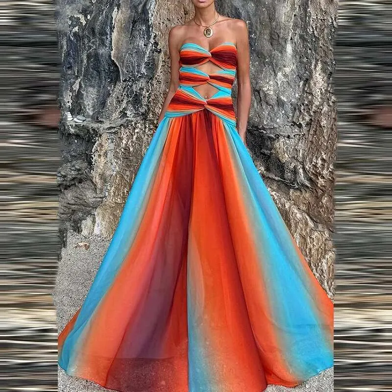 Fashion Gradient Women's Elegant One-Shoulder High Waist Long Chiffon ...