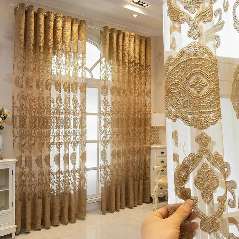 Modern Minimalist Jacquard Golden Sheer Curtains for Living Room ...