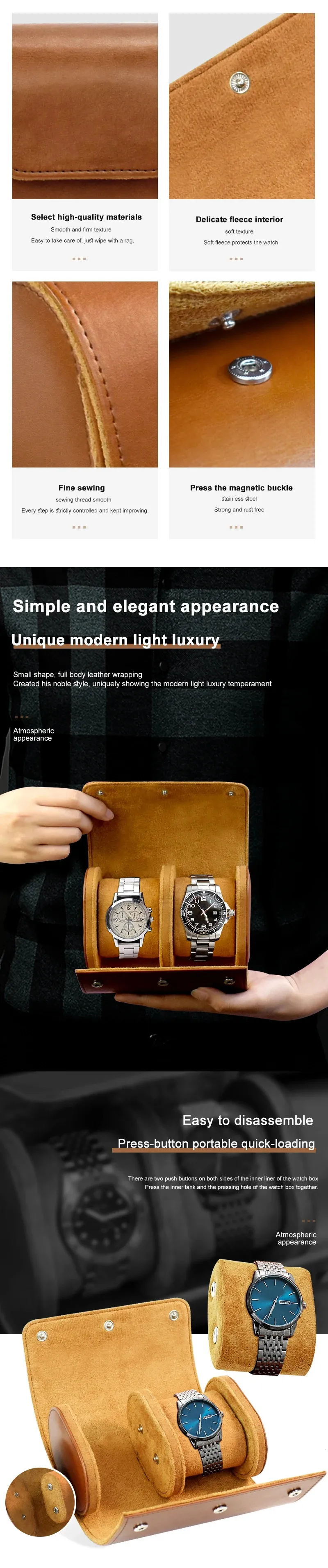 Leather Watch Storage Box 3 Watches Roll Travel Bag 2 Slots Black Brown ...