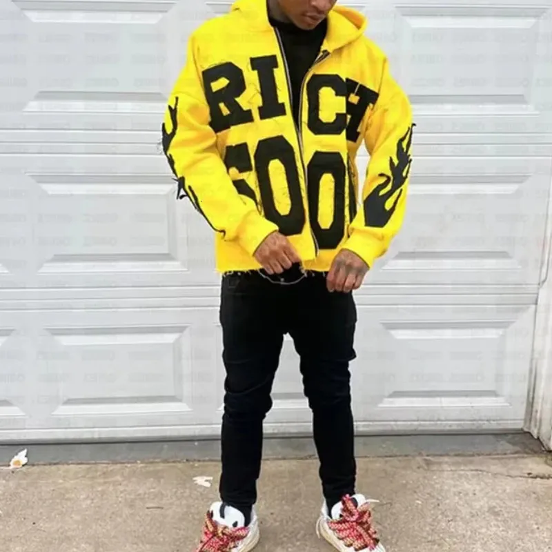 Y2K Retro Harajuku Street Style Letter Embroidered Yellow Zip Up Hoodie For Women Casual ...