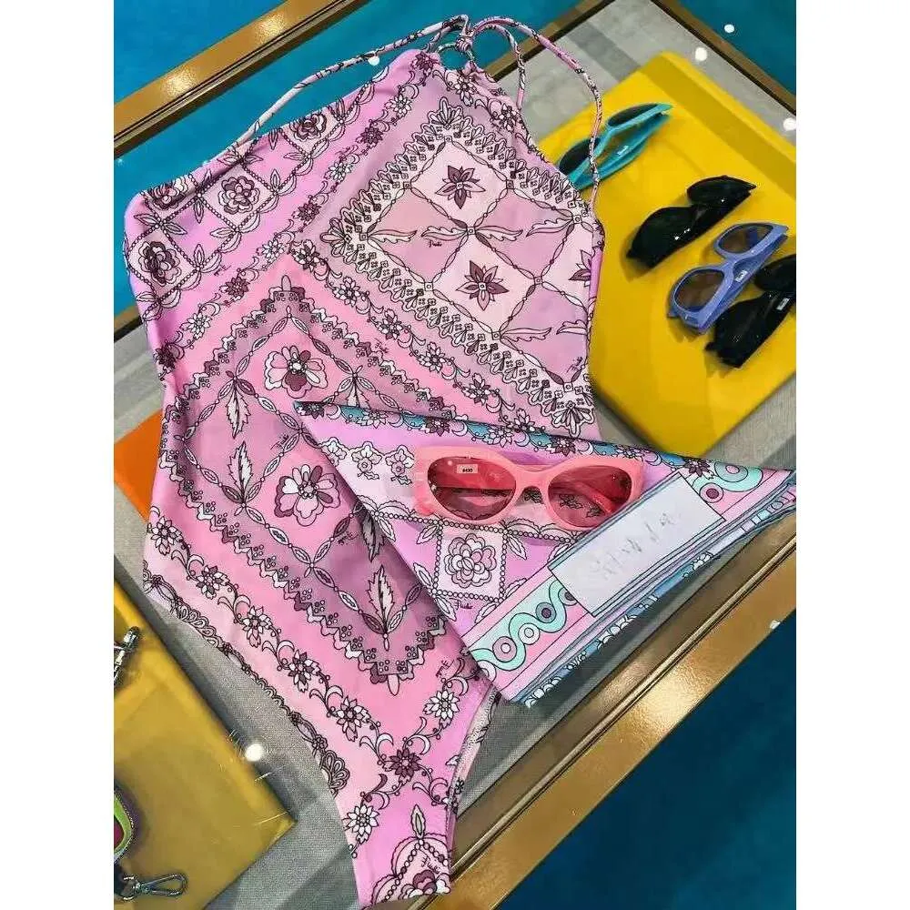 Pink Striped Dissolving Bikini With Abstract Pattern And Silk Scarf ...