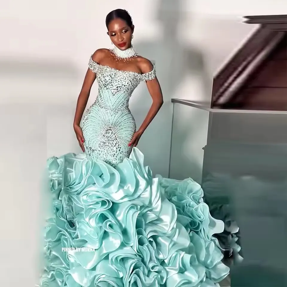 Customized Turquoise Off Shoulder Prom Dresses Beaded Ruched Ruffles ...