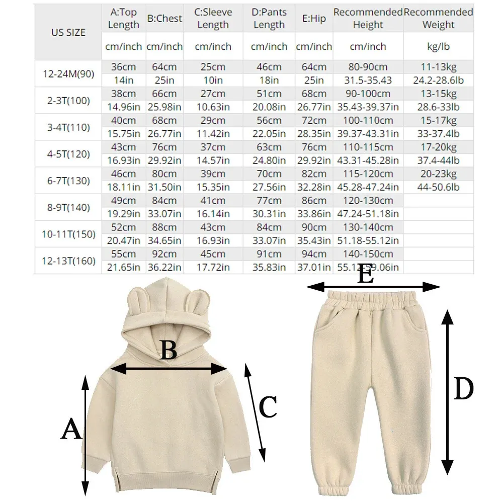 Kids Fleece Tracksuit Set Long Sleeve Hoodie Sweatshirt Solid Warm ...