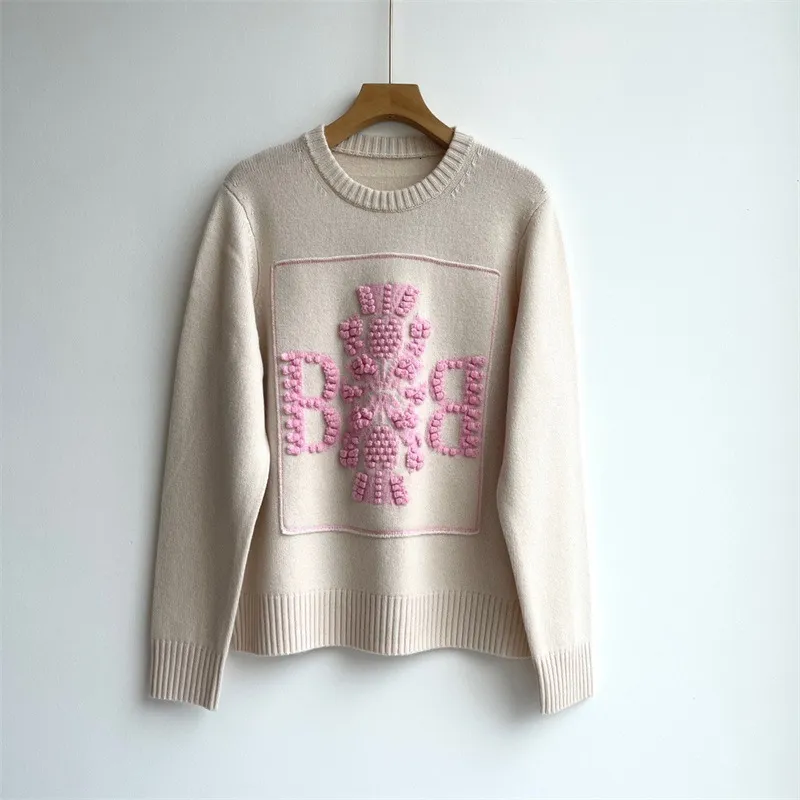 White Embroidered Letter Acetate Sweater Round Neck Long Sleeve ...
