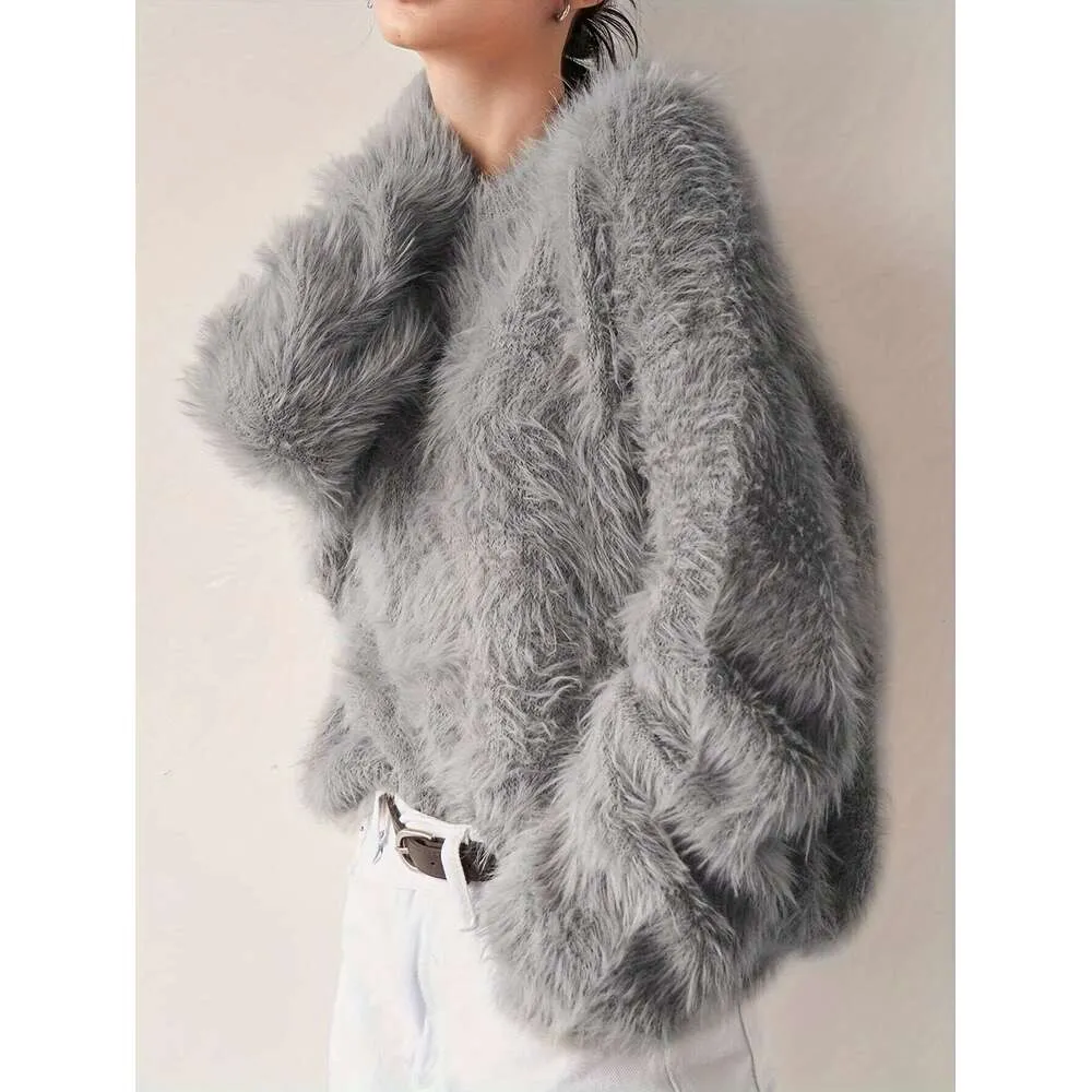 Plus Size Women's Faux Mink Wool Blend Pullover Sweater with Crew Neck, Long Sleeve, Solid Color ...