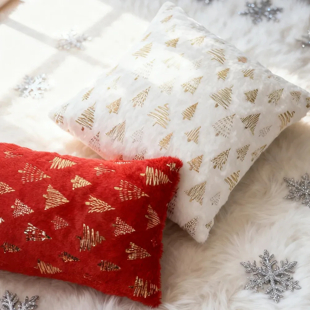 Christmas Tree Velvet Pillowcase Gold Stamping Red Green White Square ...