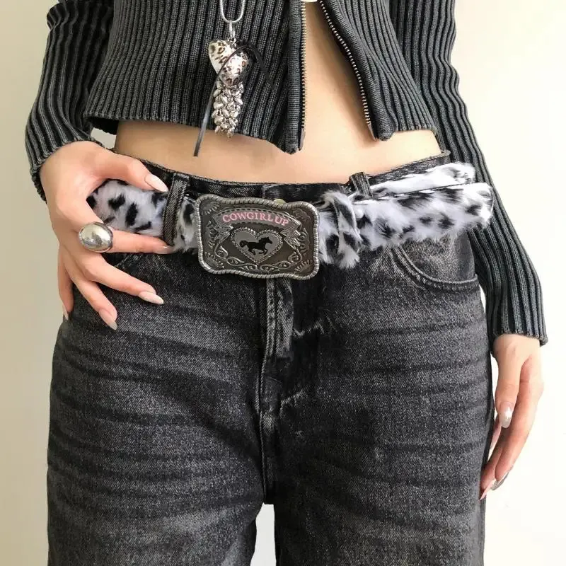 Faux Fur Leopard Print PU Waist Belt for Men with Golden Buckle, Size M ...