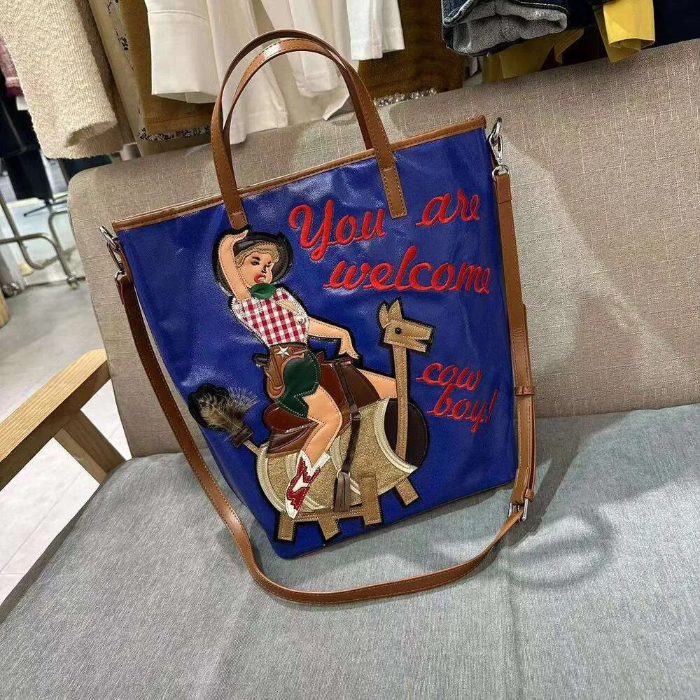 2025 Womens Medium Cartoon Embroidery Canvas Bucket Crossbody Bag with ...