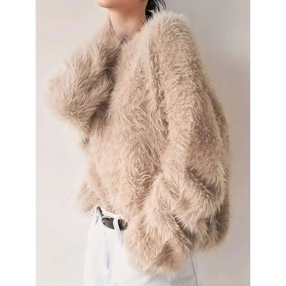 Plus Size Women's Faux Mink Wool Blend Pullover Sweater with Crew Neck, Long Sleeve, Solid Color ...