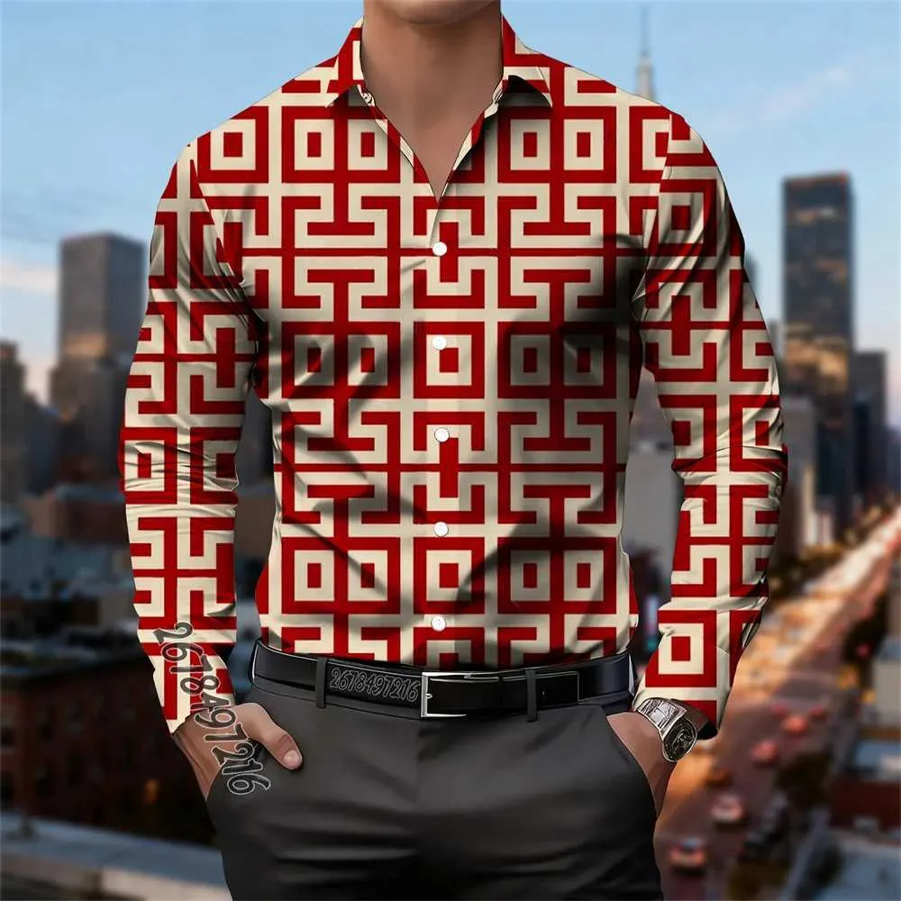 20 Mens Retro Geometric Red-Brown Print Satin Long Sleeve Shirts with ...