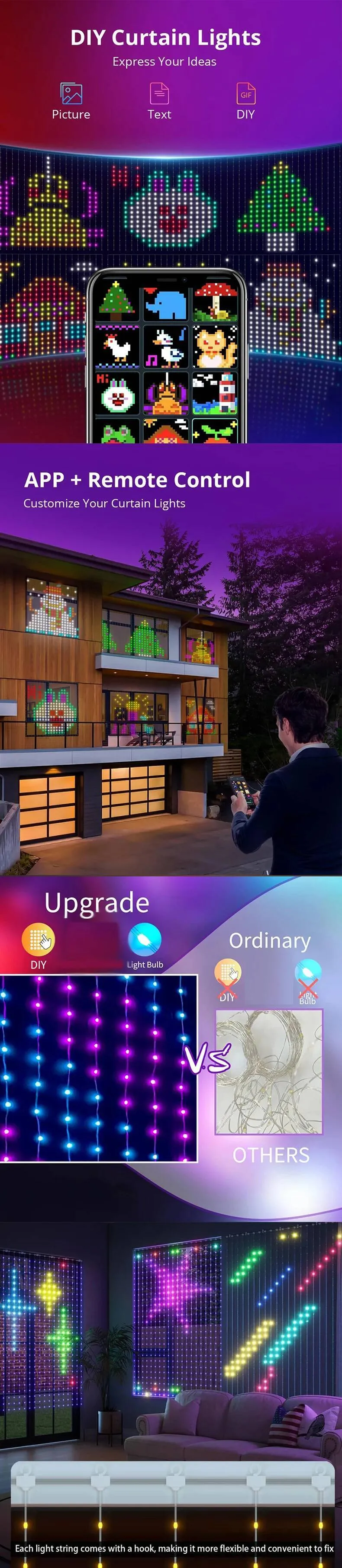 USB Remote Control Multicolor LED Curtain Fairy Lights with Bluetooth ...