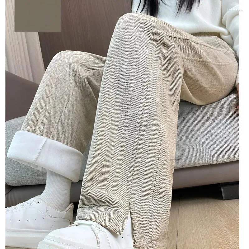 Women's Wide-leg Wool Trousers Fleece-lined Lightweight Polyester Pants ...