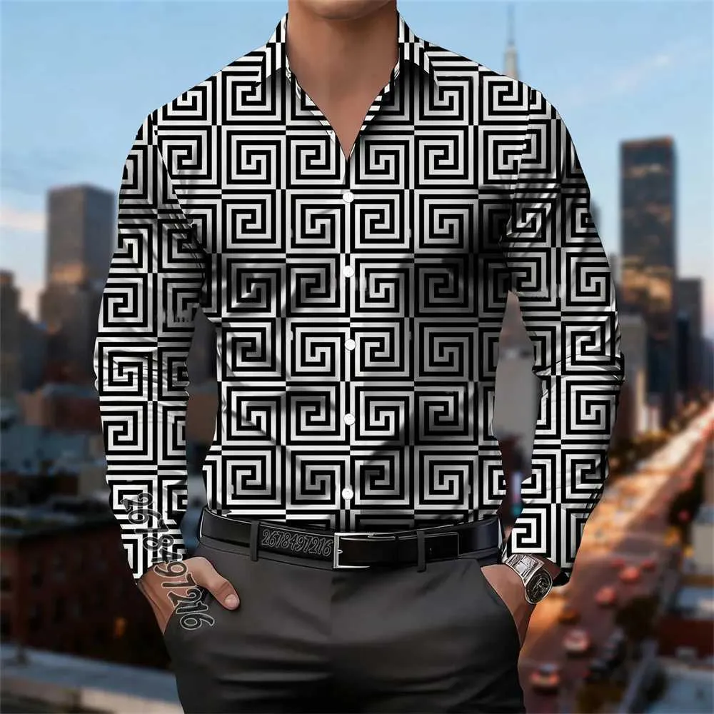 20 Mens Retro Geometric Red-Brown Print Satin Long Sleeve Shirts with ...