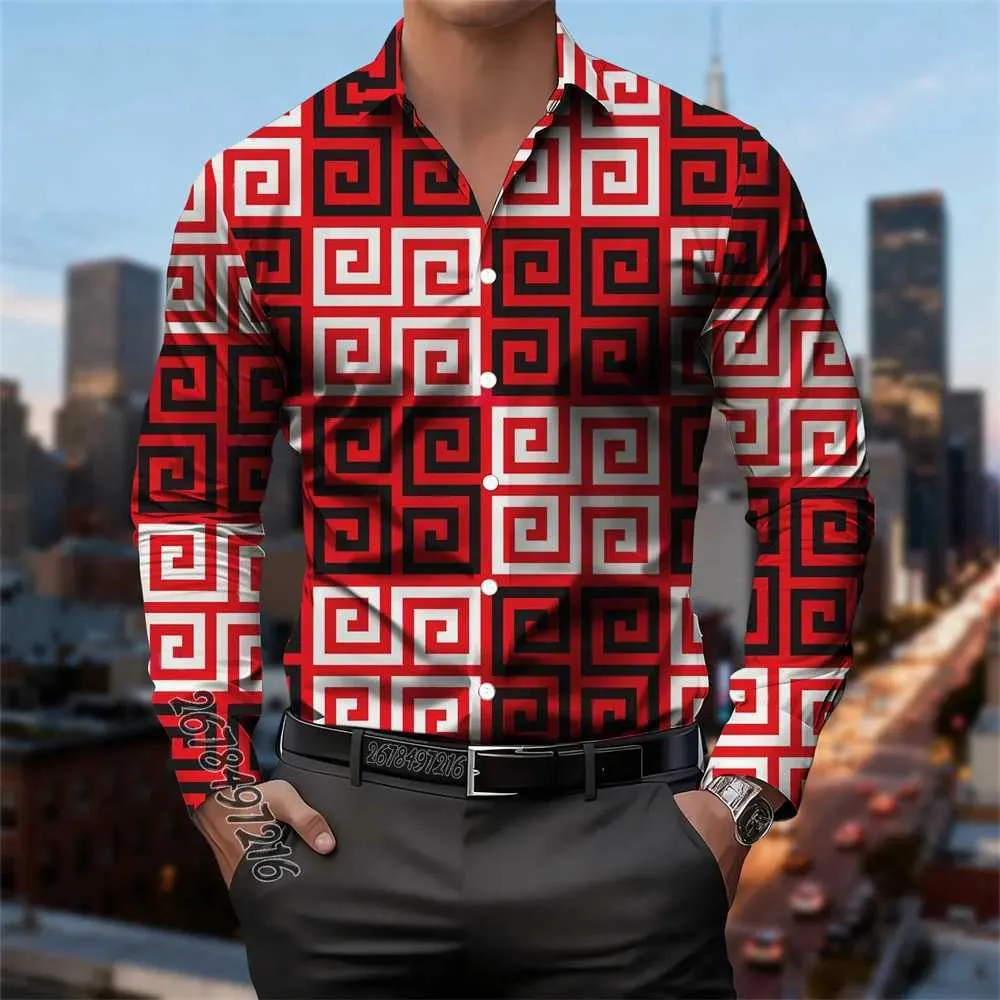 20 Mens Retro Geometric Red-Brown Print Satin Long Sleeve Shirts with ...