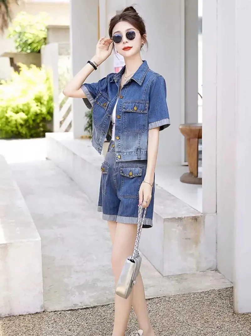 Women s Cotton Tracksuit Two-Piece Set Denim Shorts and Long Sleeve ...