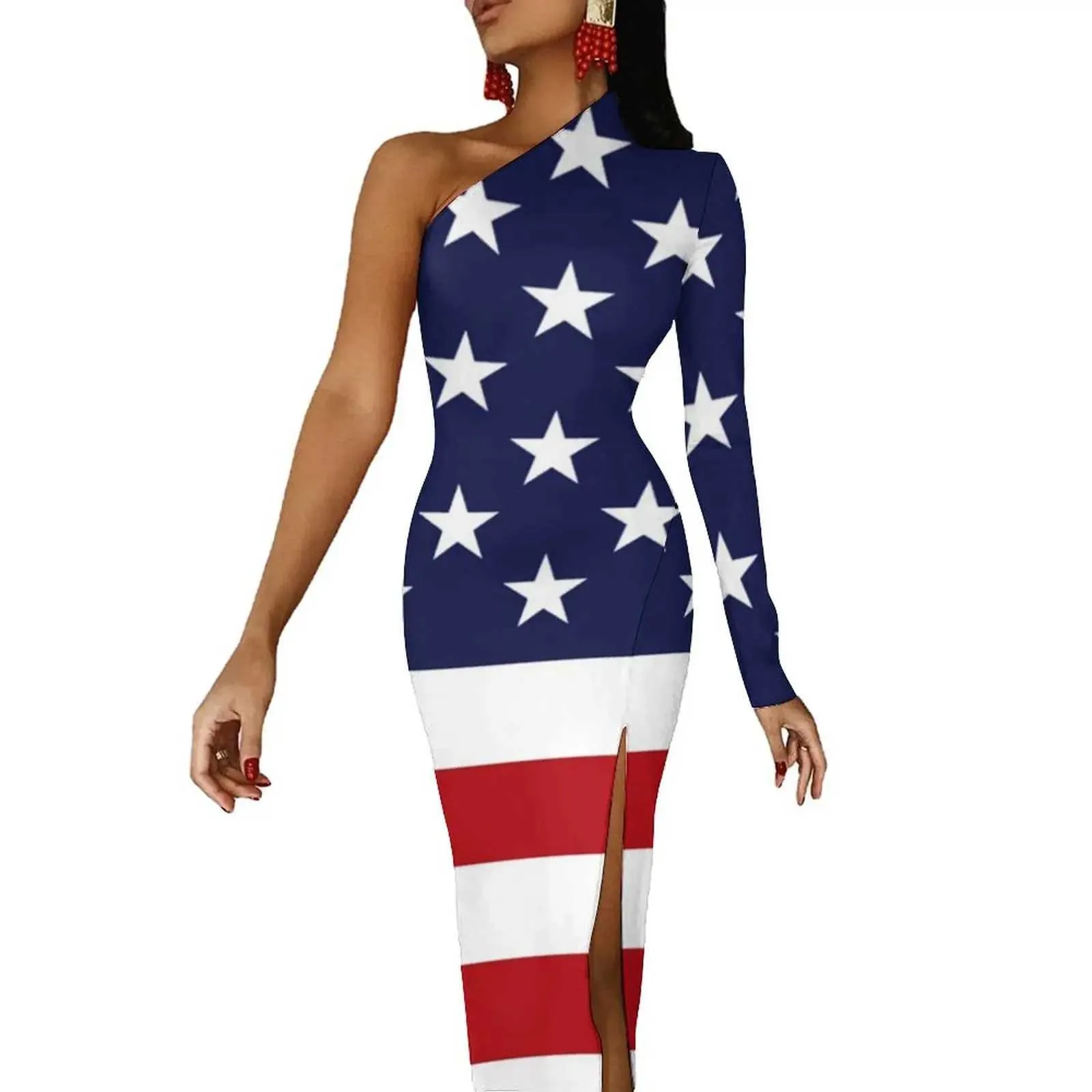 American Flag One Shoulder Bodycon Dress With High Slit – Patriotic ...