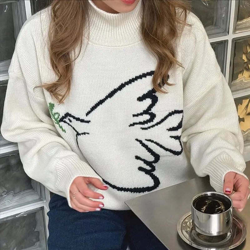 Women s acrylic jacquard sweater with turtle neck, long sleeves, and ...