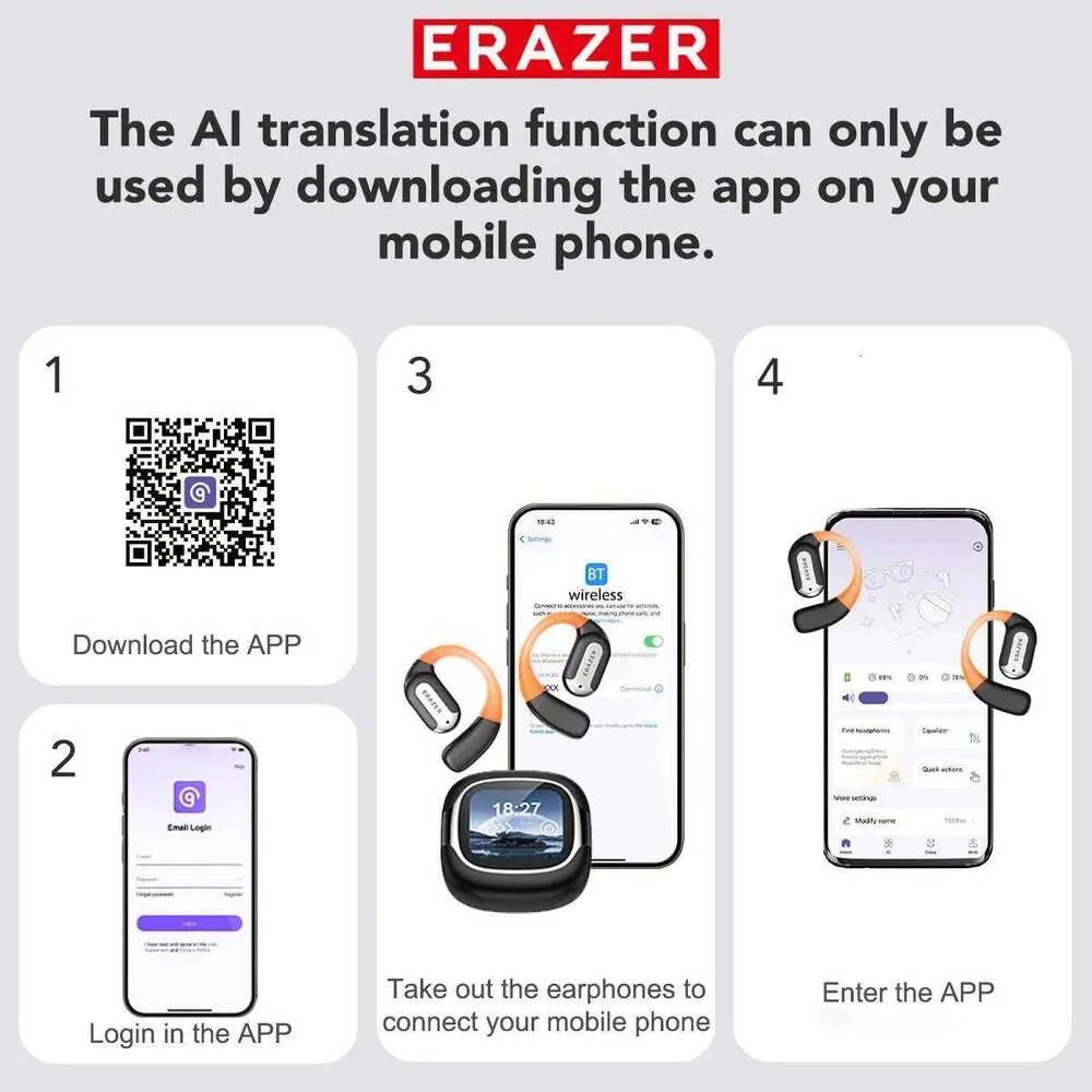 ERAZER XF Bluetooth V Earphones AI Translator Wireless Open Ear Sports Headphones with Earhooks ...