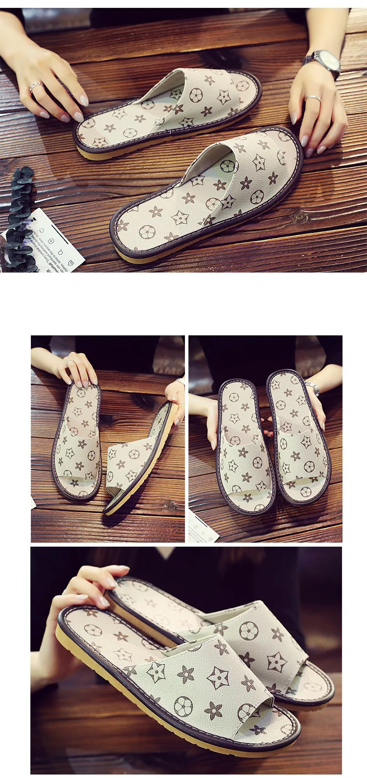 Unisex soft leather PU flip-flops with rubber outsole for indoor summer ...