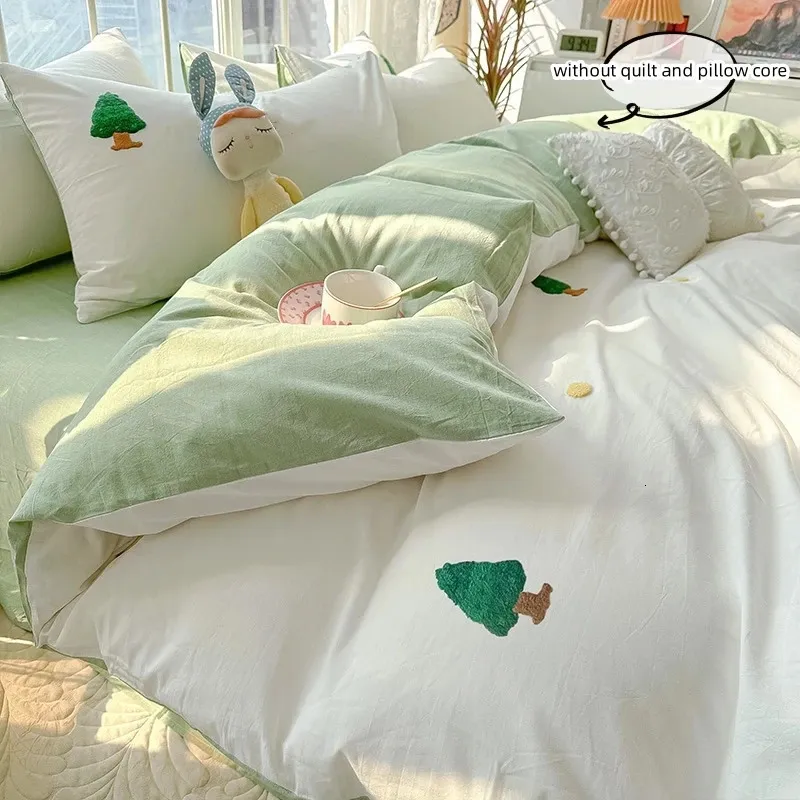 Bedding Set Green Christmas Tree Embroidery Quilt Cover Set Comfortable ...