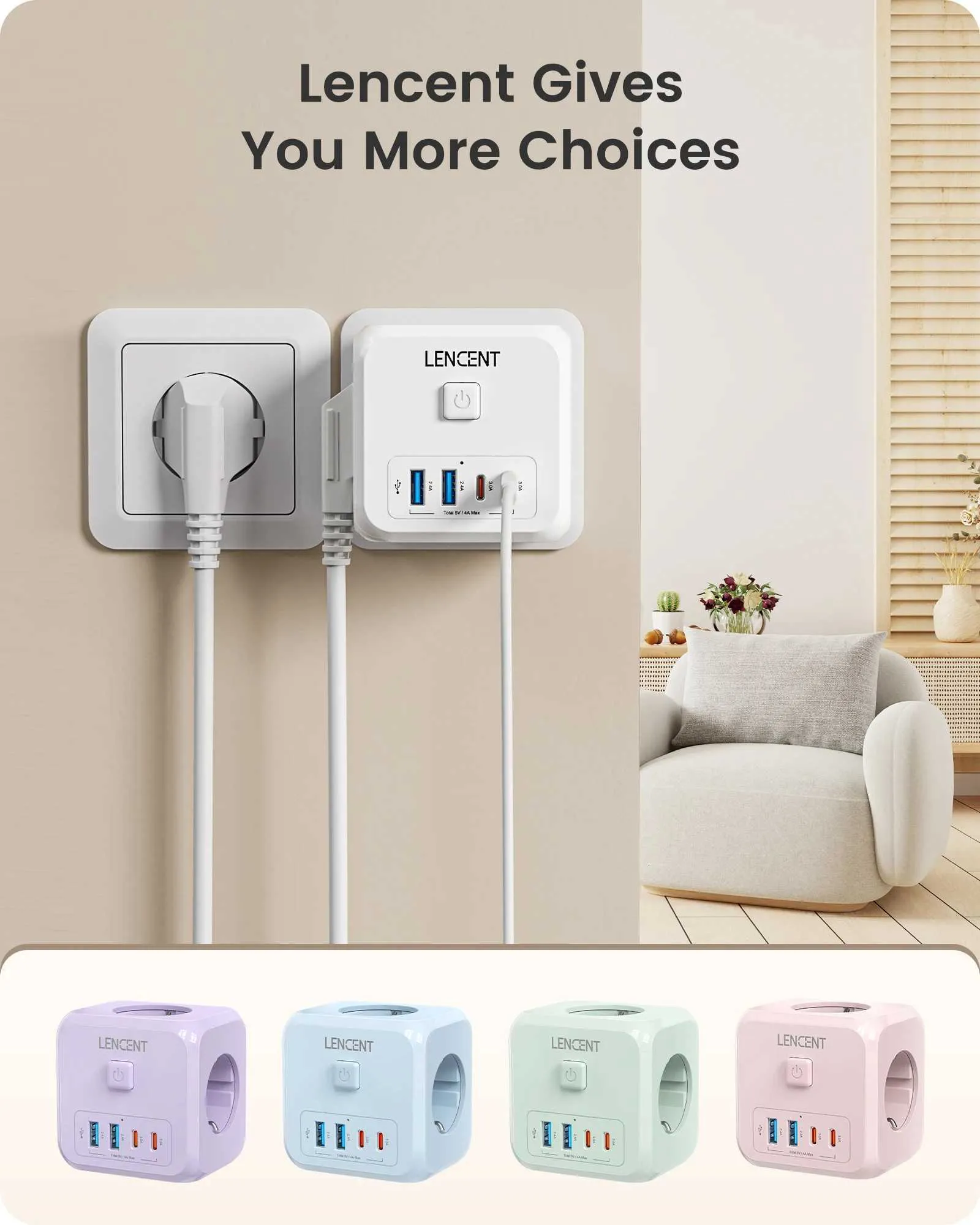 LENCENT 7in1 EU Plug Wall Socket Extender with 3 AC Outlets 2 USB-A2 1 ...