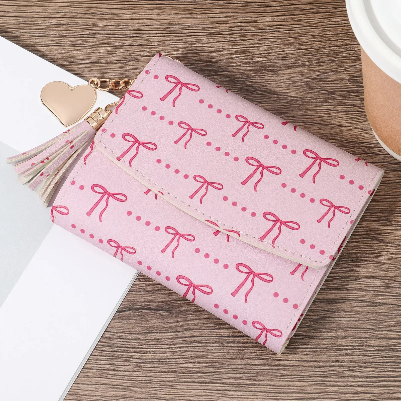 Small wallet with coin pocket three-fold neoprene leather tassel coin ...