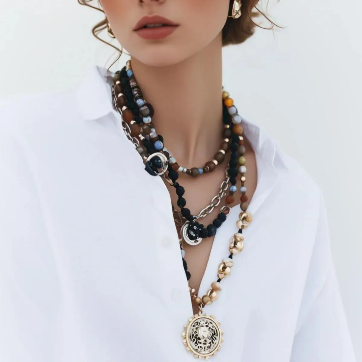 Multilayer Beads Pendant Necklace for Women Natural Stone Beaded Round ...
