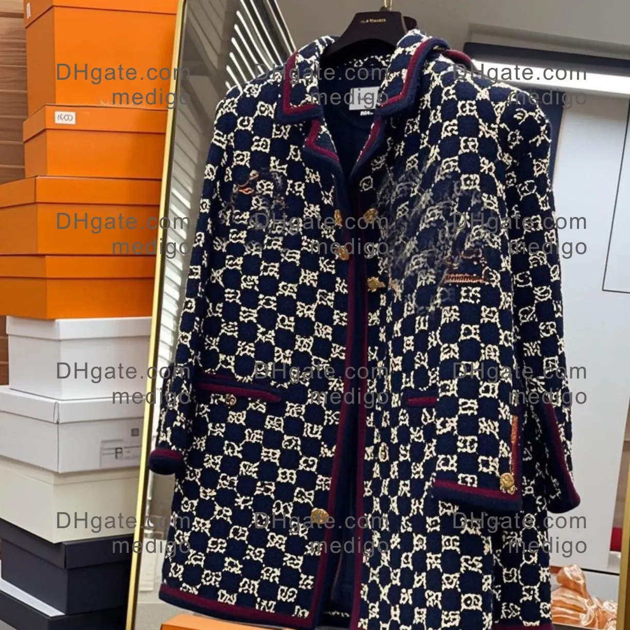 Womens tweed blazer coat jacket slim fit double-breasted lapel neck ...