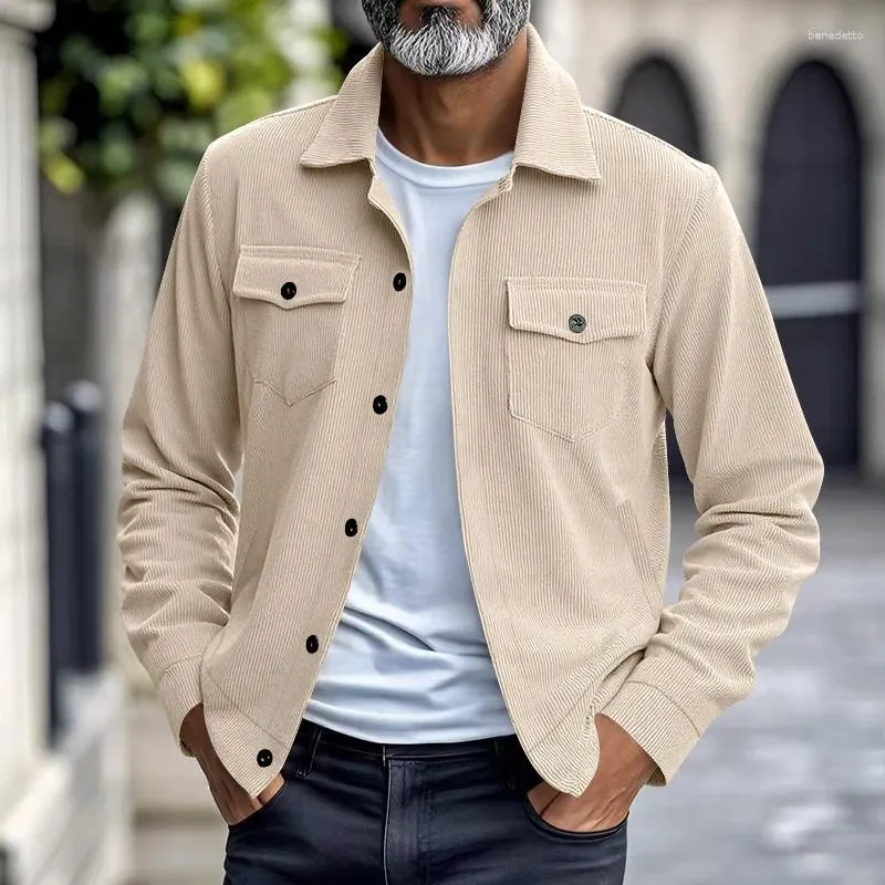 Men's Corduroy Jacket Autumn Casual Lapel Single-Breasted Polyester ...