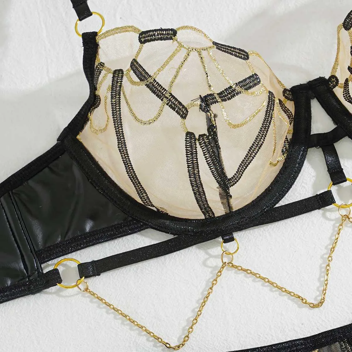 PU Leather Cosplay Bra Brief Sets 2025 Female Shapewear Chain Design ...