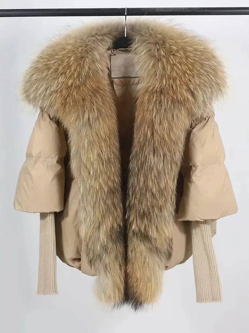 Natural Real Fur Collar Coat White Duck Down Nylon Bat Sleeved Thick ...