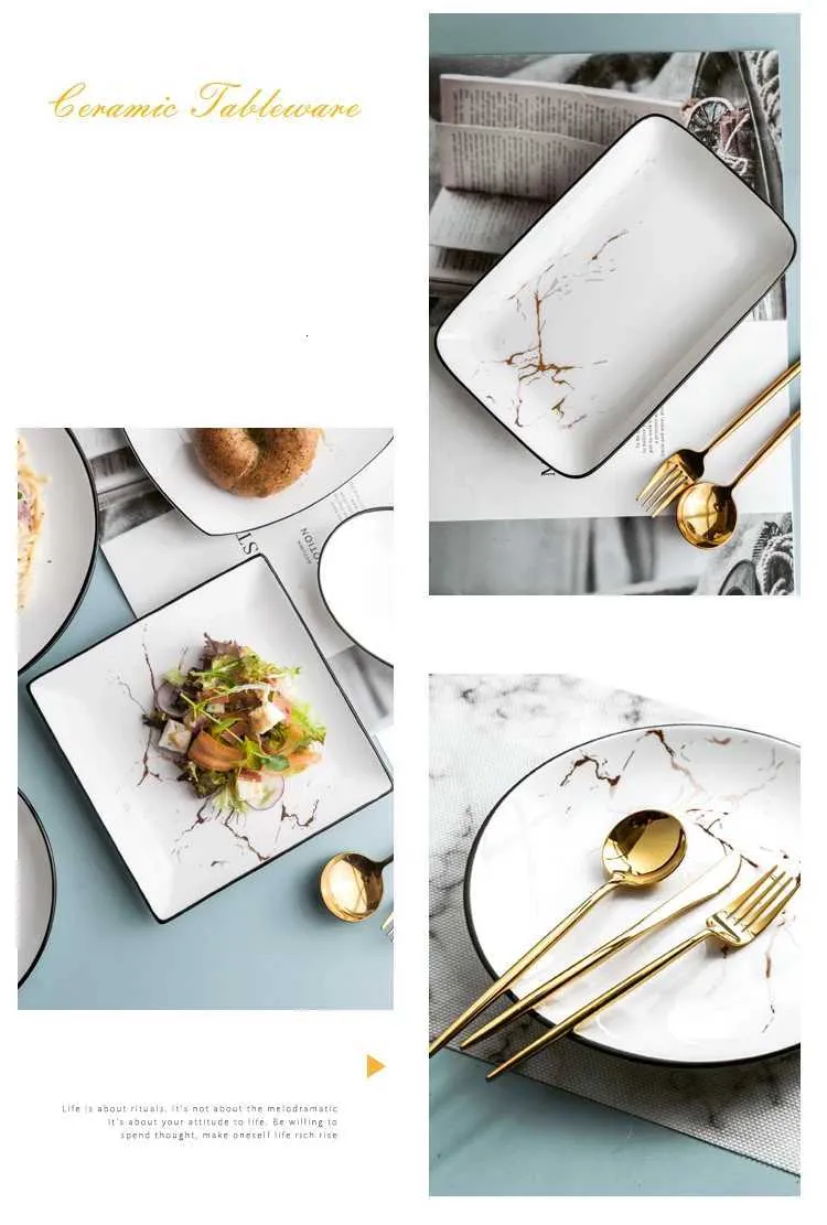 Round Ceramic Plates Black Border Metal Nordic Marble Dessert Plates ...