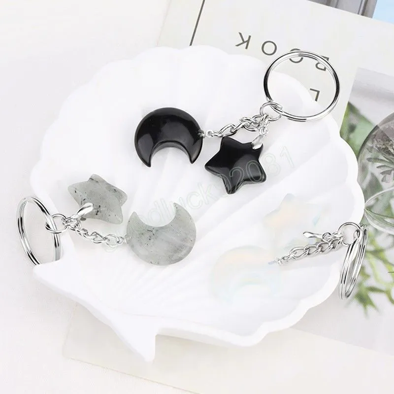 Healing Natural Stone Keychain Silver Plated Moon Star Charm Bead ...