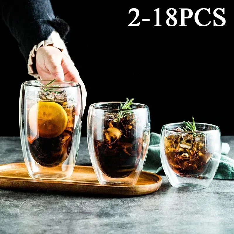 Double Wall Glass Mugs Set Heat Resistant Borosilicate Tea Coffee Cups ...
