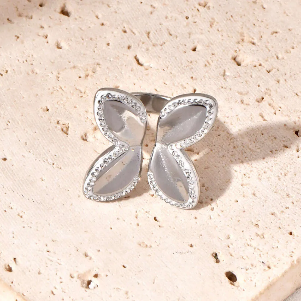 Butterfly Flower Inlaid Diamond Ring Unisex Stainless Steel Rhodium ...