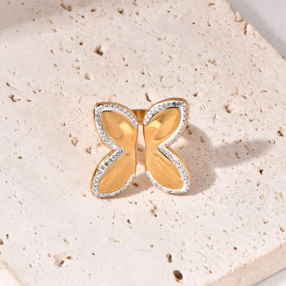 Butterfly Flower Inlaid Diamond Ring Unisex Stainless Steel Rhodium ...