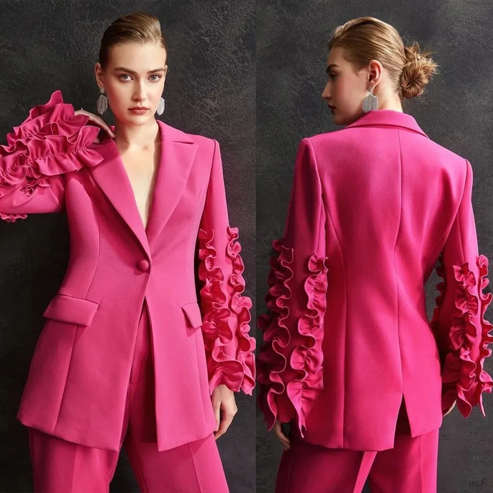 Hand Made Flowers Satin Women's Blazer Suit Long Single-Breasted Pants ...
