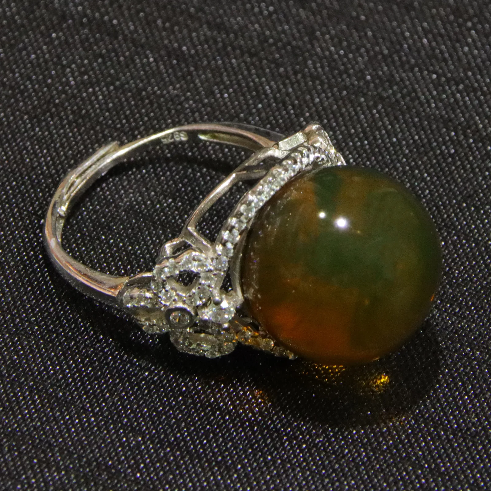 15mm Blue Amber Ring with Floral Halo in Bezel Setting, Sterling Silver ...
