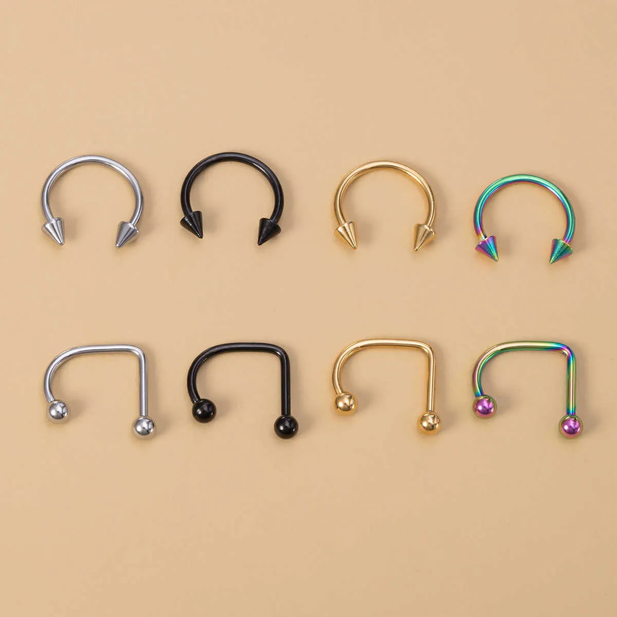 Pointed Cone Horseshoe Nose Ring U-Shaped Ball Lip Stud Set Stainless ...